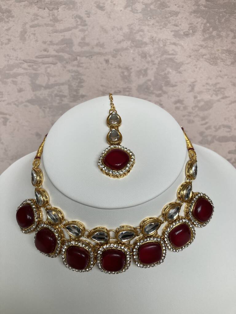Maheen Gold Plated Crystal Stone Set Maroon By SRCOLLECTION