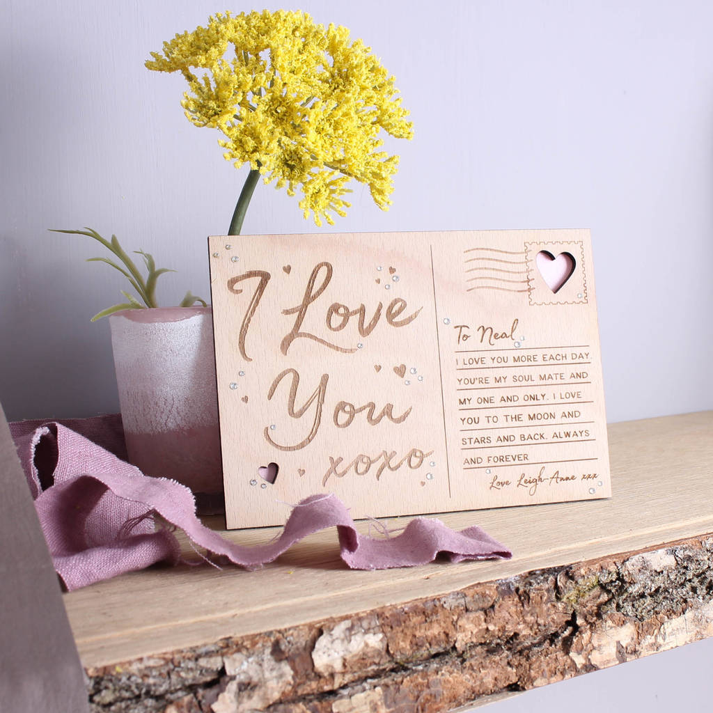 engraved wooden 'i love you' postcard by no ordinary gift ...