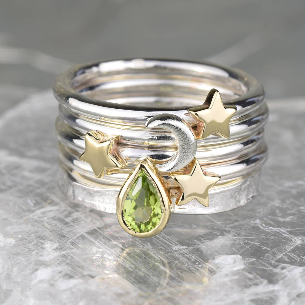 Lunar Moon And Stars Silver And Gold Stacking Ring Set By Alison Moore
