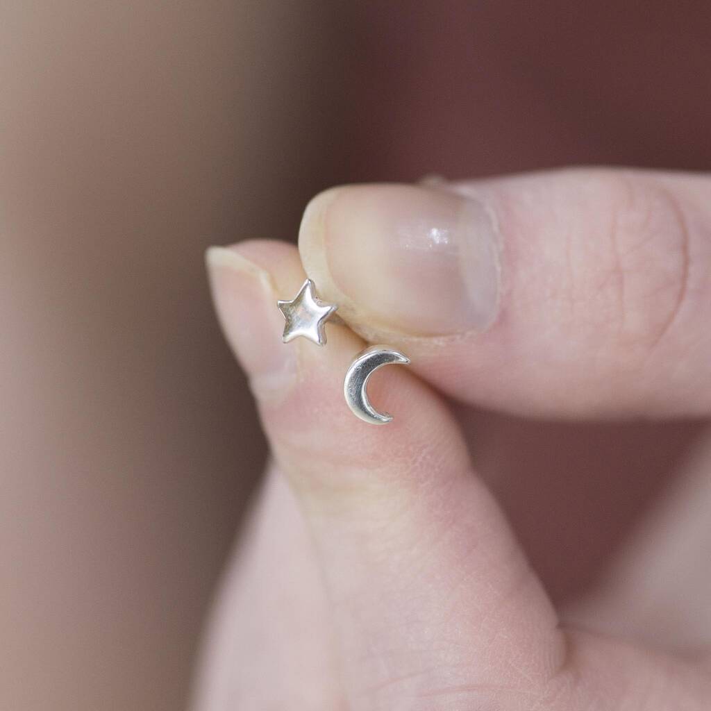 Tiny Silver Moon And Star Studs By Alison Moore Designs
