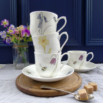 Bee And Spring Flowers China Teacup And Saucer By littlebirdydesigns ...