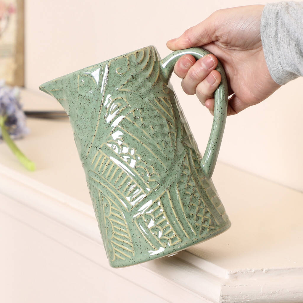 Green Patterned Ceramic Pitcher Vase By Dibor | notonthehighstreet.com