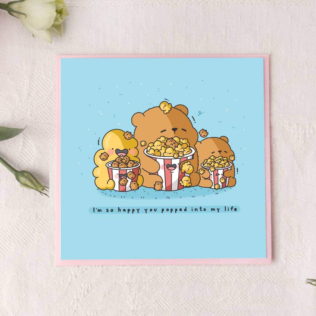 Cute Popcorn Bear Greetings Card By Toastedink