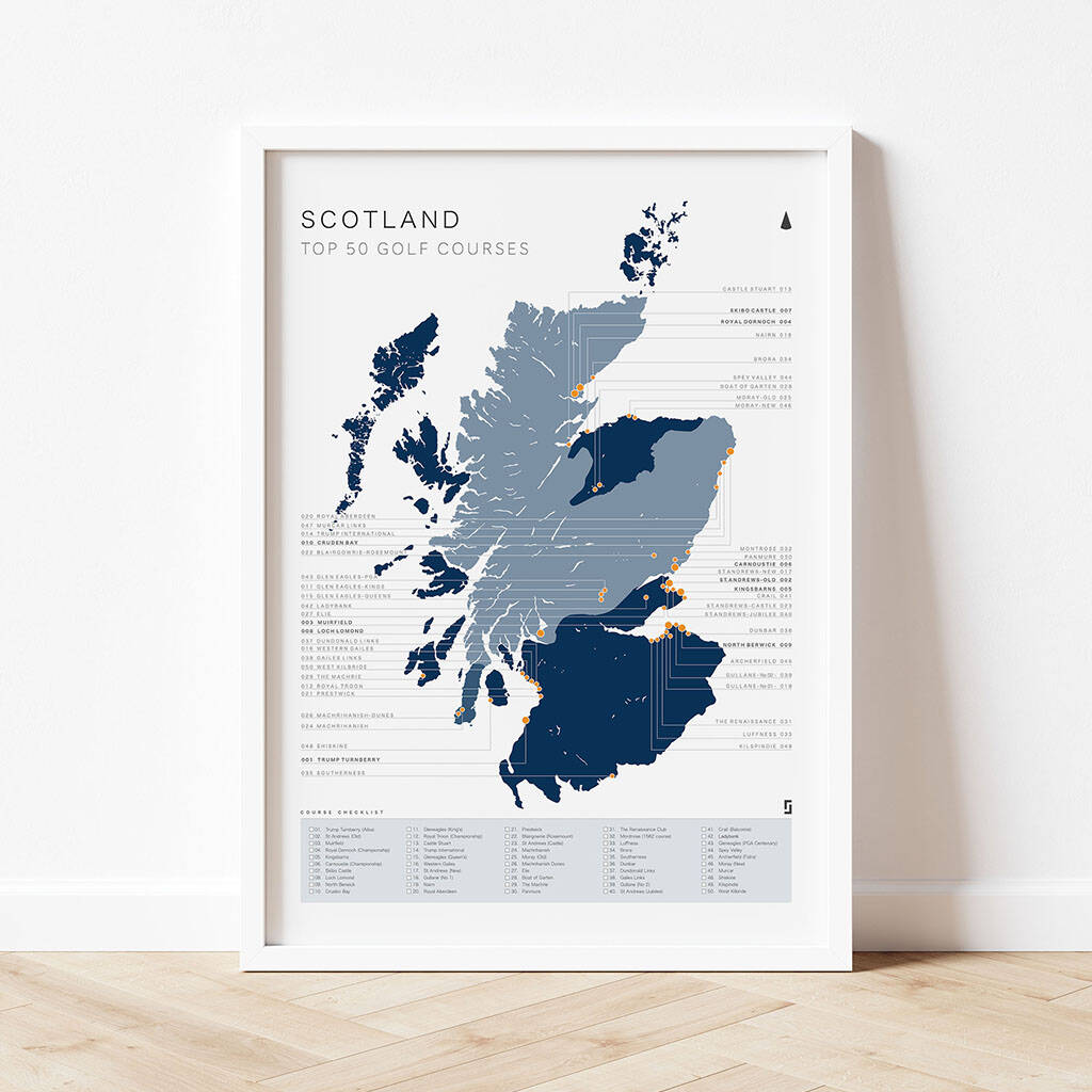 Blue Scotland Golf Course Map And Checklist Top 50 By Replay Prints ...