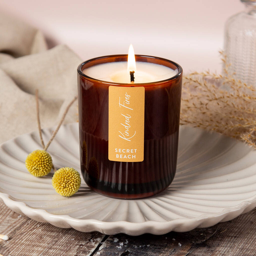 Secret Beach Scented Soy Amber Glass Candle By Kindred Fires