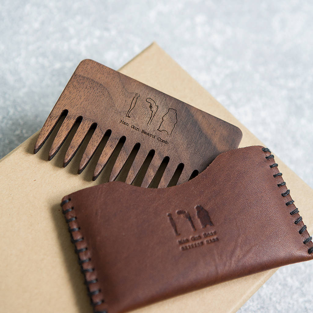 personalised wood beard comb and leather pouch by man gun bear ...