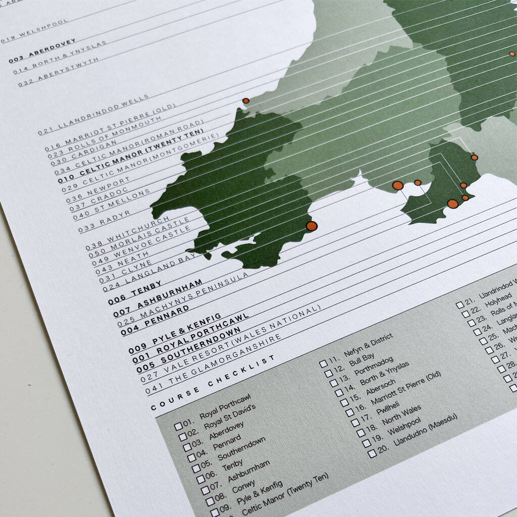 Wales Golf Map And Checklist Top 50 Courses Green By Replay Prints ...