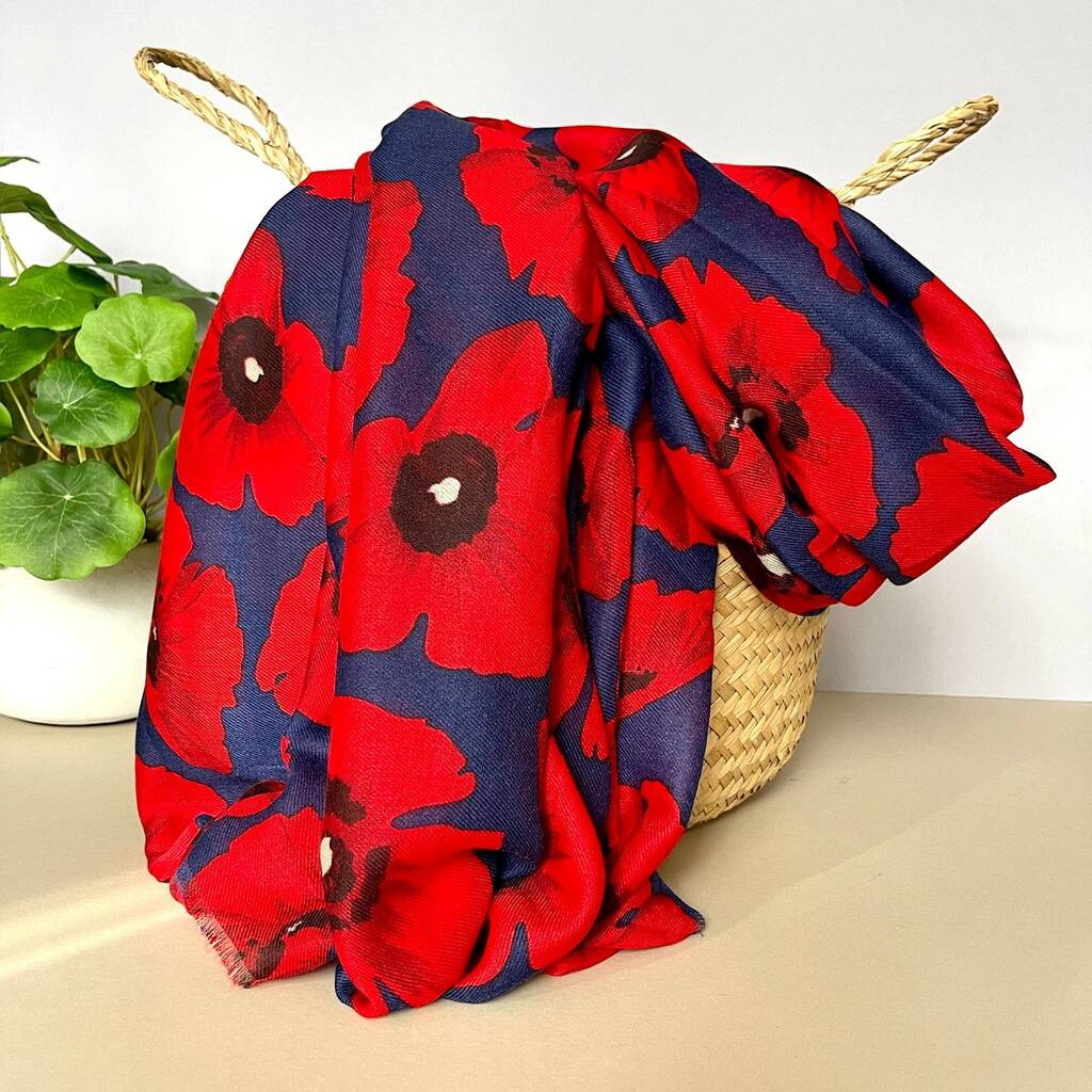 Bold Red Poppy Print Frayed Scarf In Navy Blue By Nest Gifts