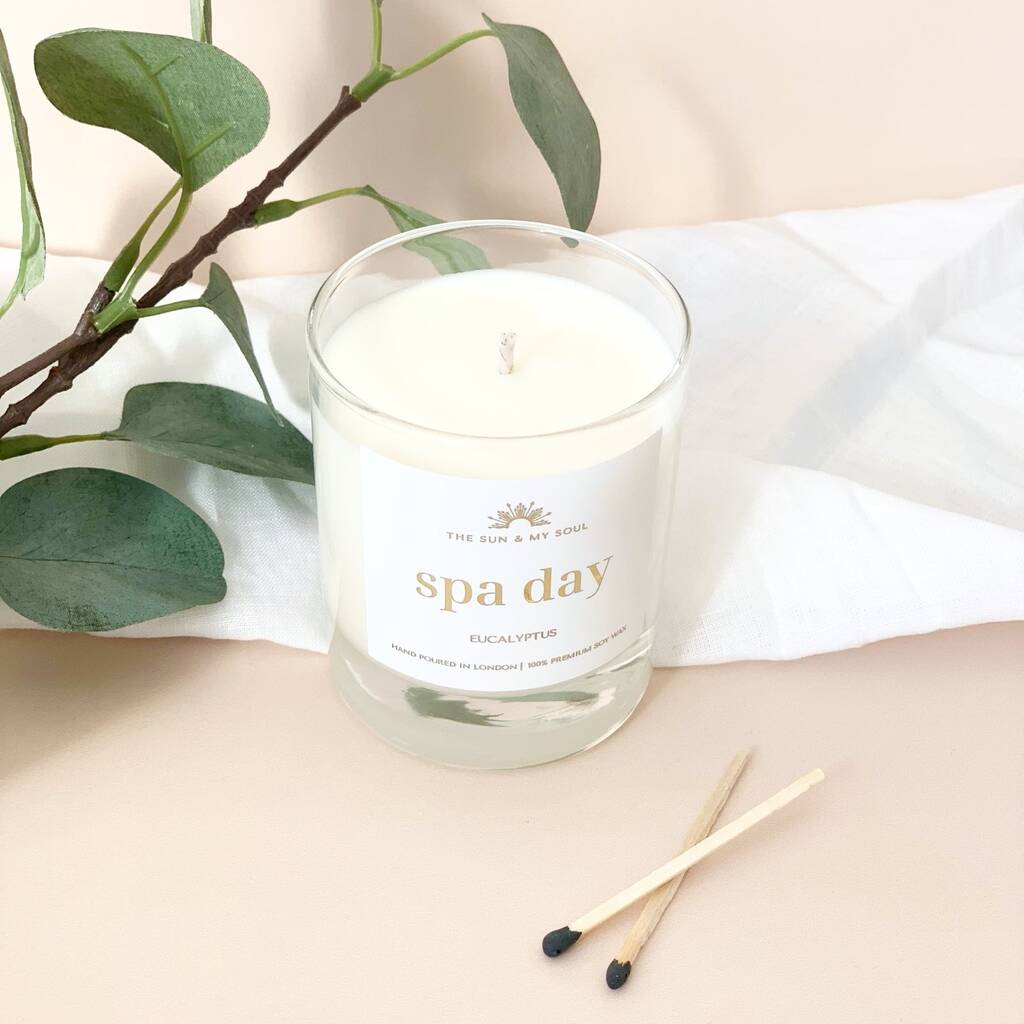 Spa Day Eucalyptus Scented Luxury Soy Wax Candle Gift By The Sun & My Soul