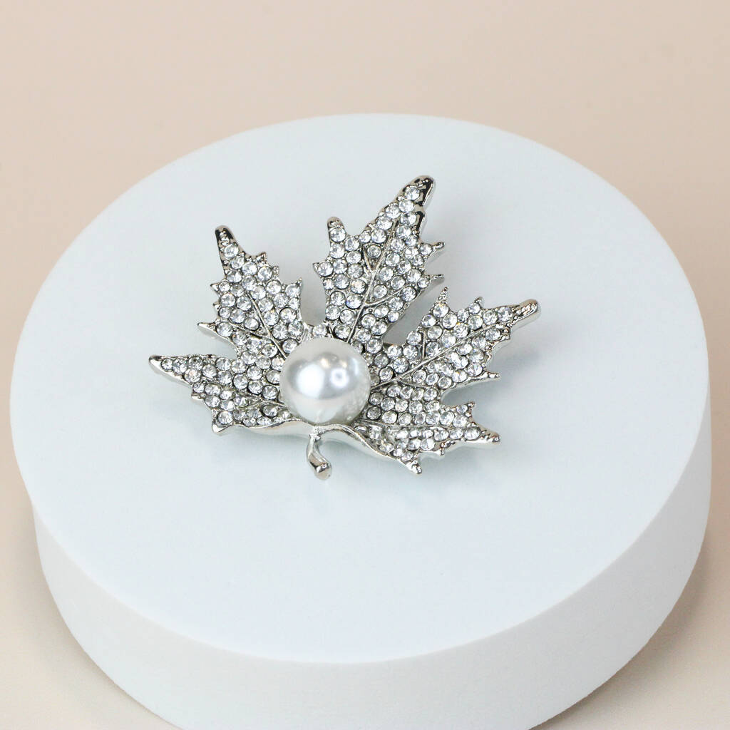 Sparkly Maple Leaf And Pearl Brooch By GY Studios