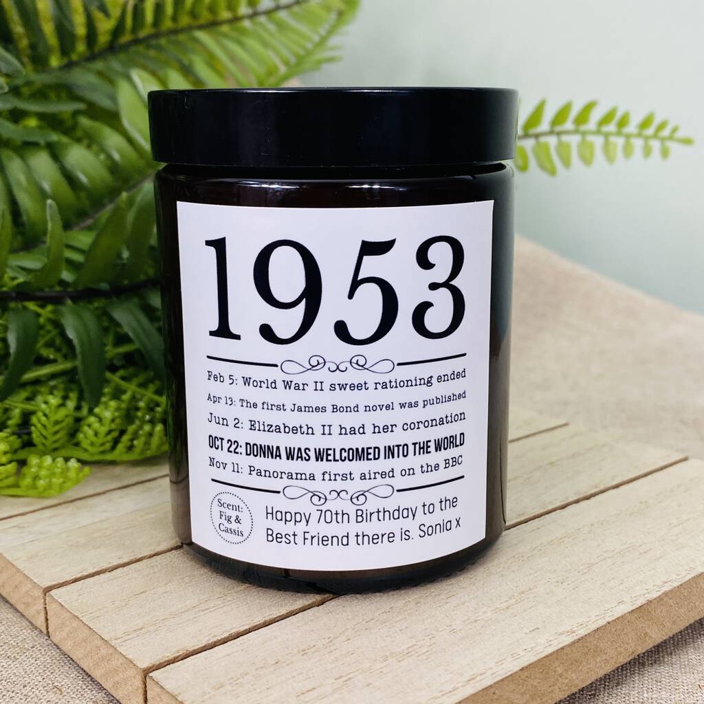 Persoanlised 70th 1953 Timeline Amber Candle By The Fire Shack