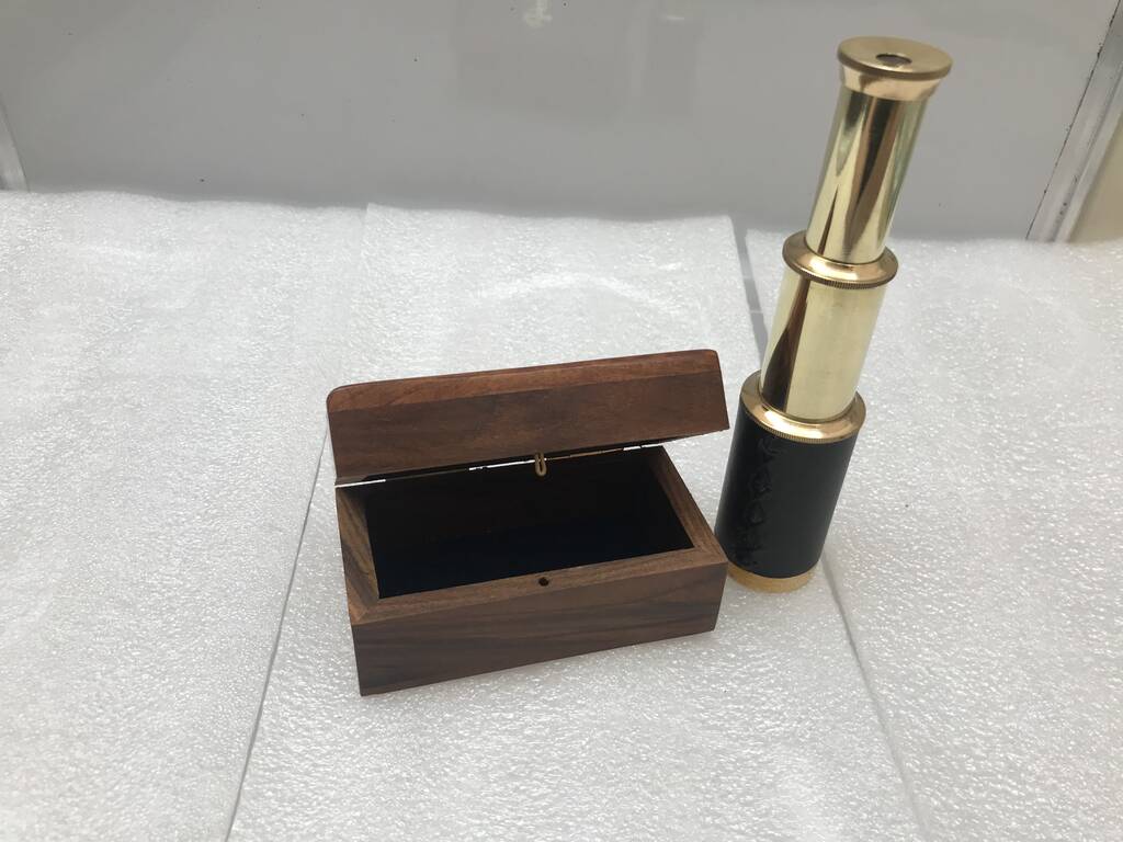 six inch brass handheld mini telescope with wooden box by reason season ...