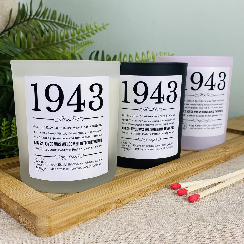 Personalised 80th 1943 Timeline Birthday Candle By The Fire Shack