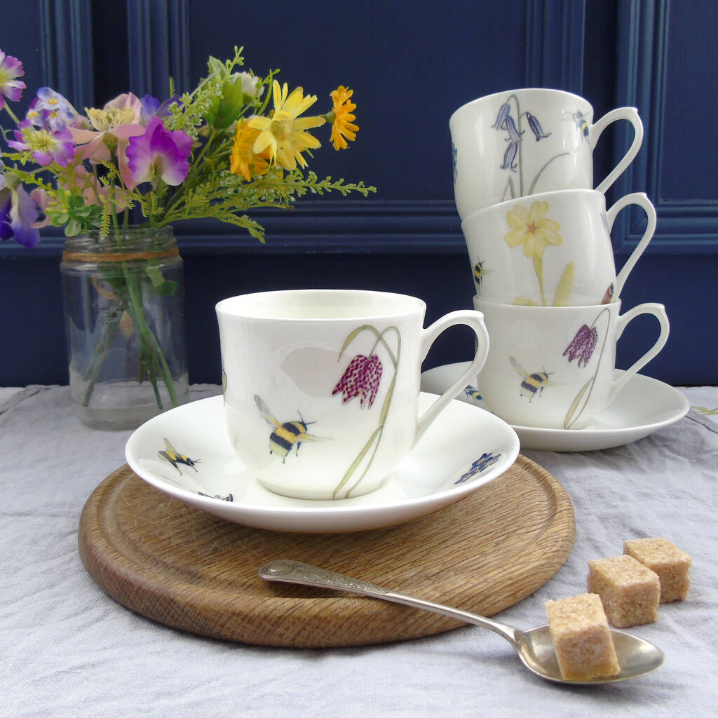 Bee And Spring Flowers China Teacup And Saucer By littlebirdydesigns ...