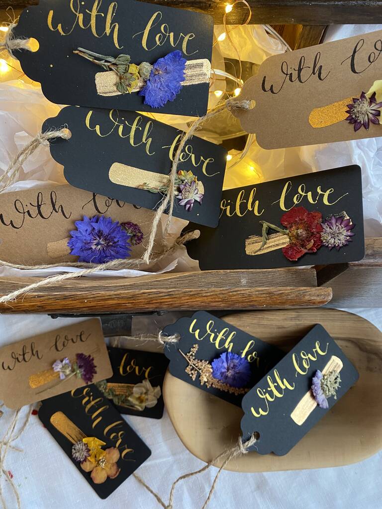 Gift Tags With Pressed Flowers And Gold Leaf By Elsker Creations