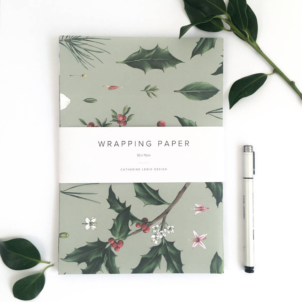 Luxury Botanical Christmas Wrapping Paper, Green Berry By Catherine ...