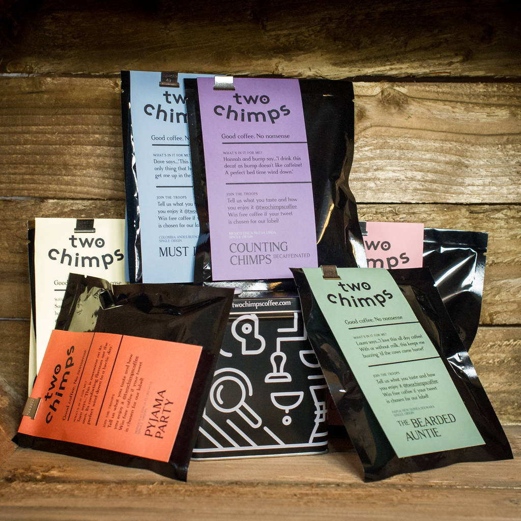 six coffee samples with tin and magnet gift set by two chimps coffee ...