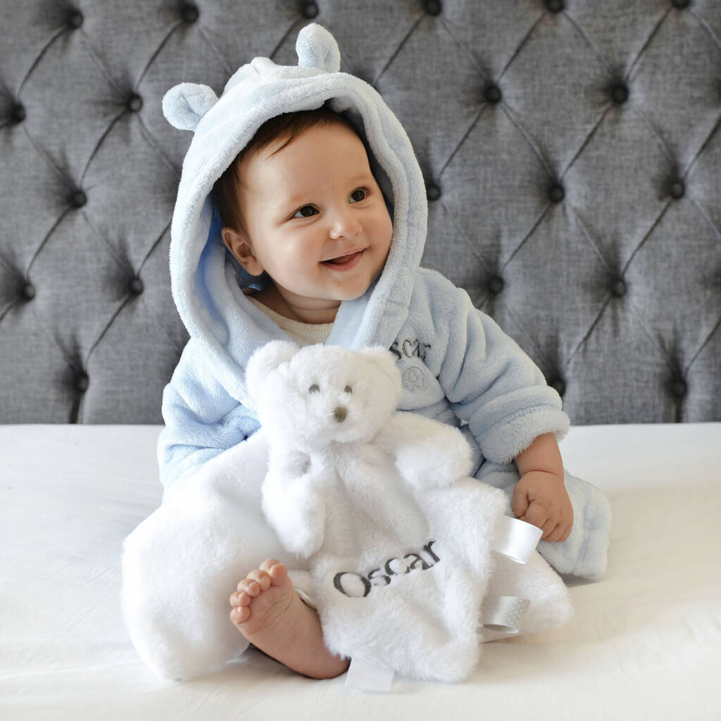 Personalised Blue Baby Gown And Teddy Comforter Set By A Type Of Design ...