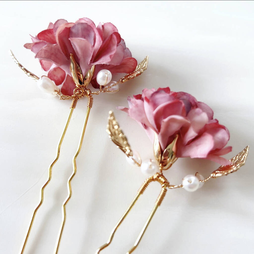 Dark Pink Floral Hair Pins By Petal & Pearl Accessories