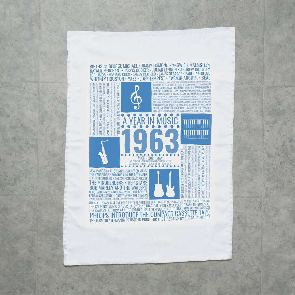 Personalised 60th Birthday Tea Towel Gift 1963 Music By elevencorners