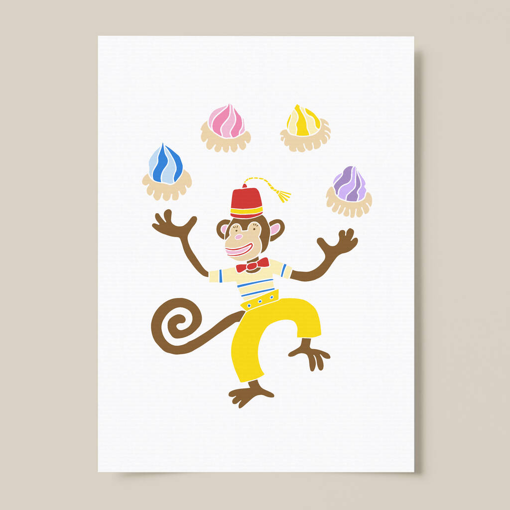 Monkey Juggling Ice Gems A4 Portrait Circus Print By Hele Jelly Bean ...