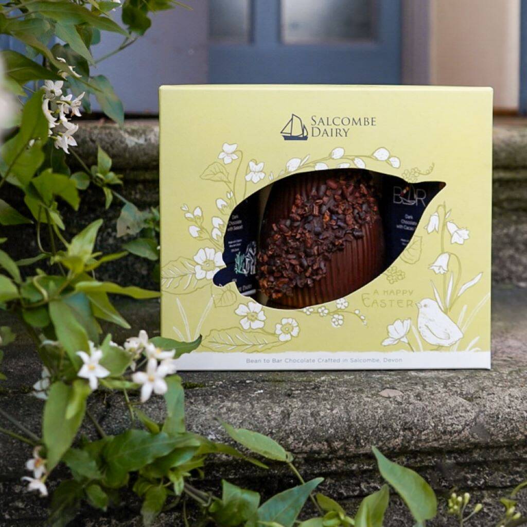 Dark Chocolate Cacao Nibs Egg With Two Chocolate Bars By Salcombe Dairy