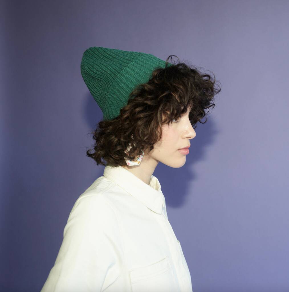 Miss Pompom Green Wool Ribbed Beanie By Lowie
