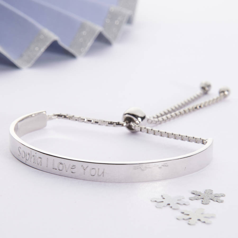 Personalised Sterling Silver Curved Bar Slider Bracelet By Hurleyburley