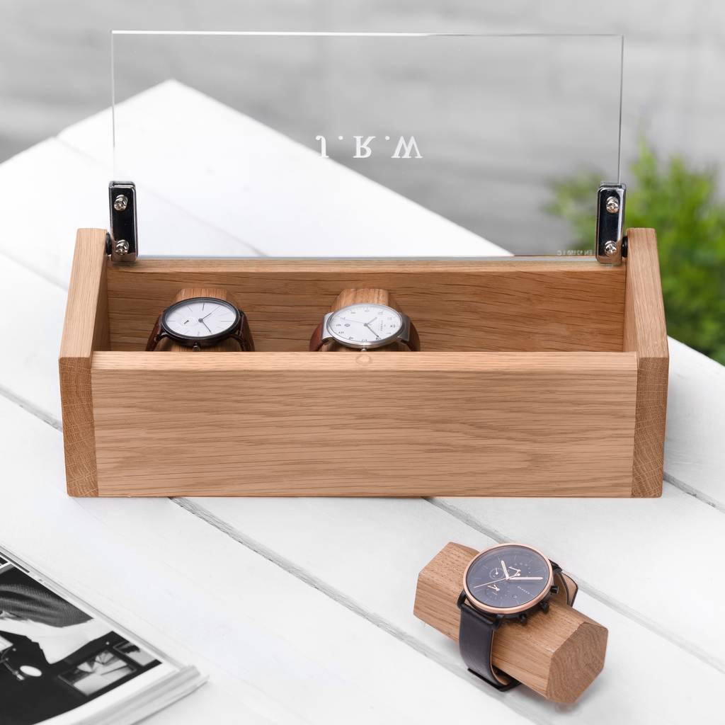 personalised etched glass solid oak watch box by mijmoj design ...