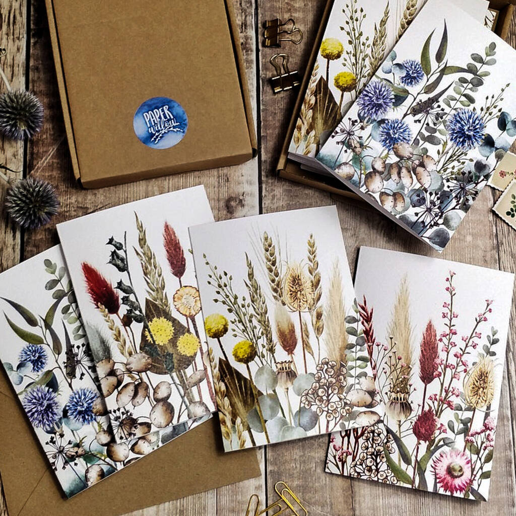 Eight X Dried Flowers Notecards By Paper Willow