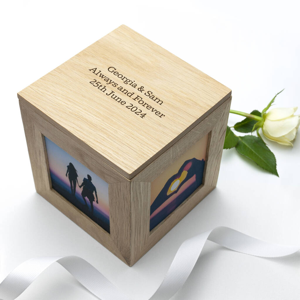 Personalised Oak Couples Photo Cube Keepsake Box By JUNGLEY