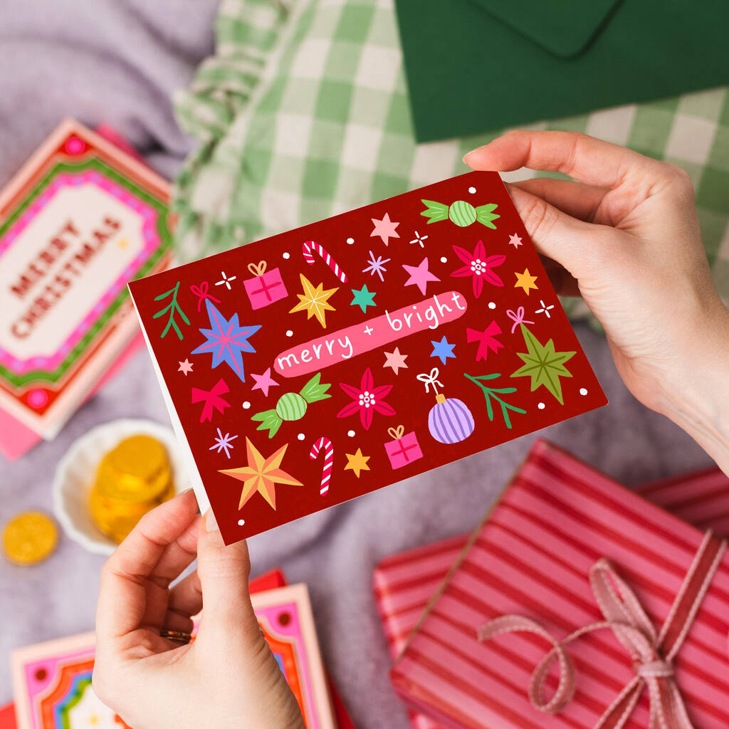 Pack Of Ten Red Christmas Cards, Merry And Bright By Natalie Lea Owen