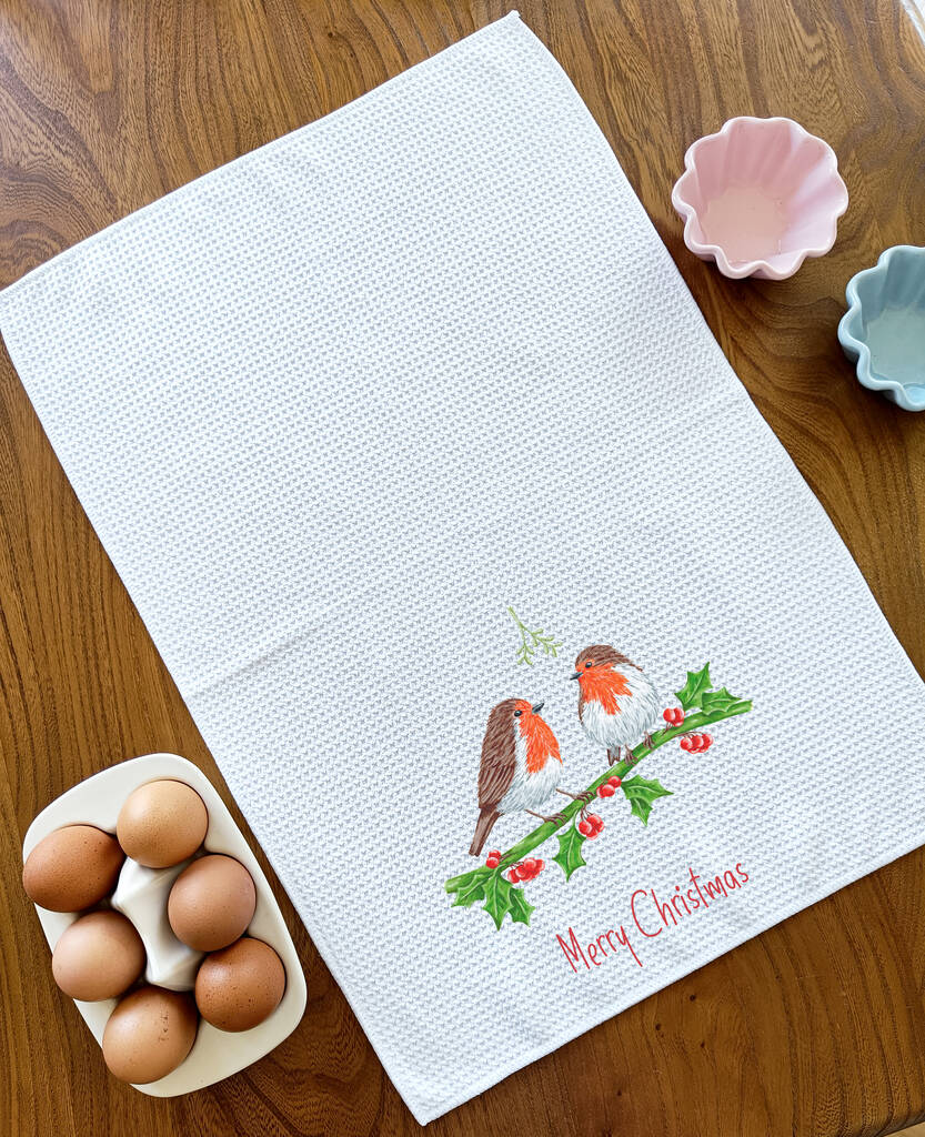 Robin Couple Christmas Tea Towel By Laura Stanley Designs