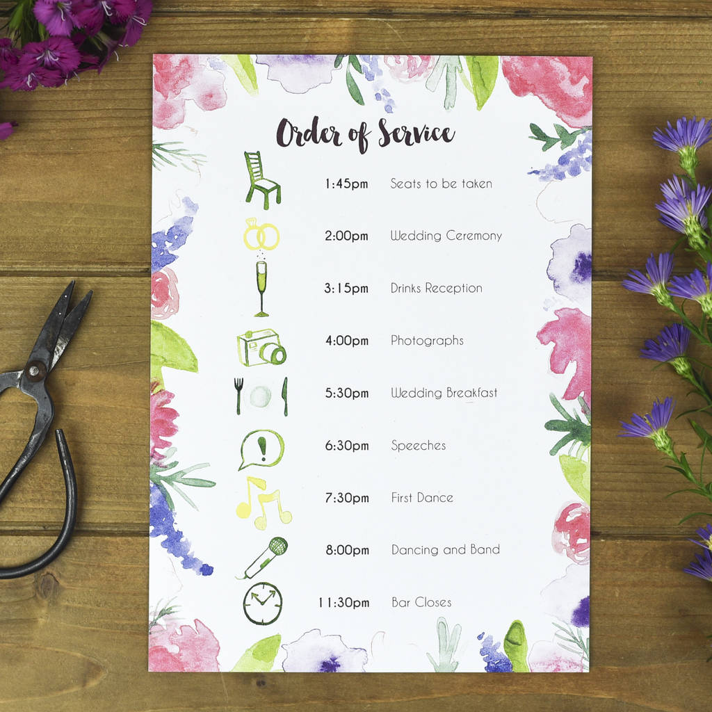purple florals wedding order of the day cards by alexia claire ...