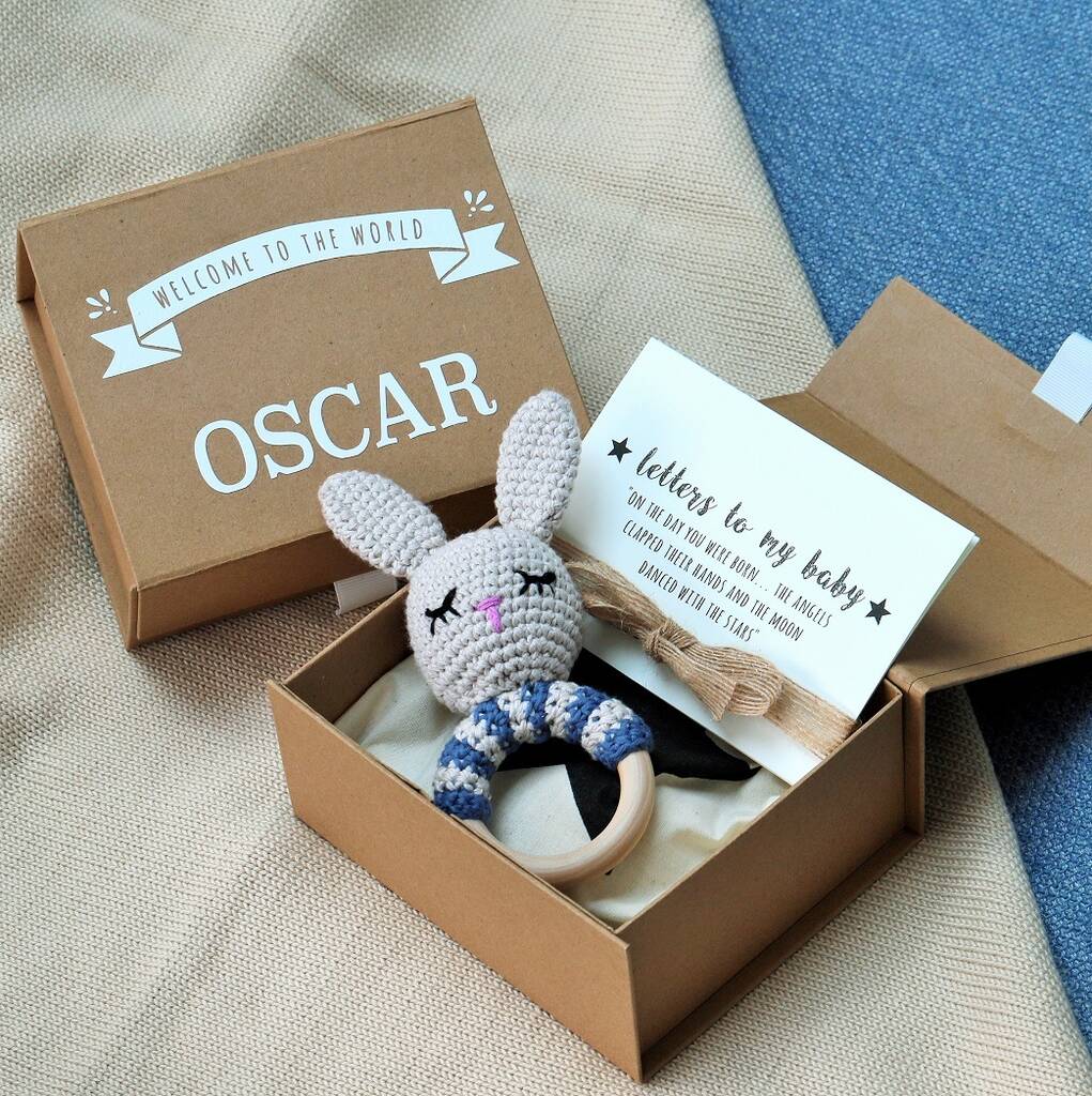 Personalised Baby Keepsake Box With Bunny Rattle By Attic ...