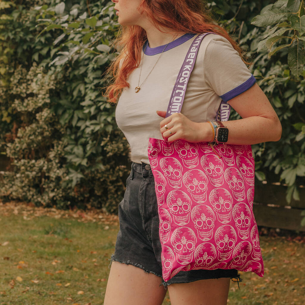 Fuchsia Pink Skull Cotton Tote Bag By Xander Kostroma By Xander Kostroma