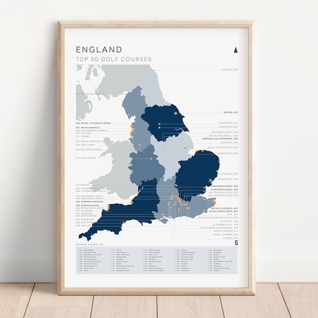 Blue England Golf Course Map And Checklist Top 50 By Replay Prints ...