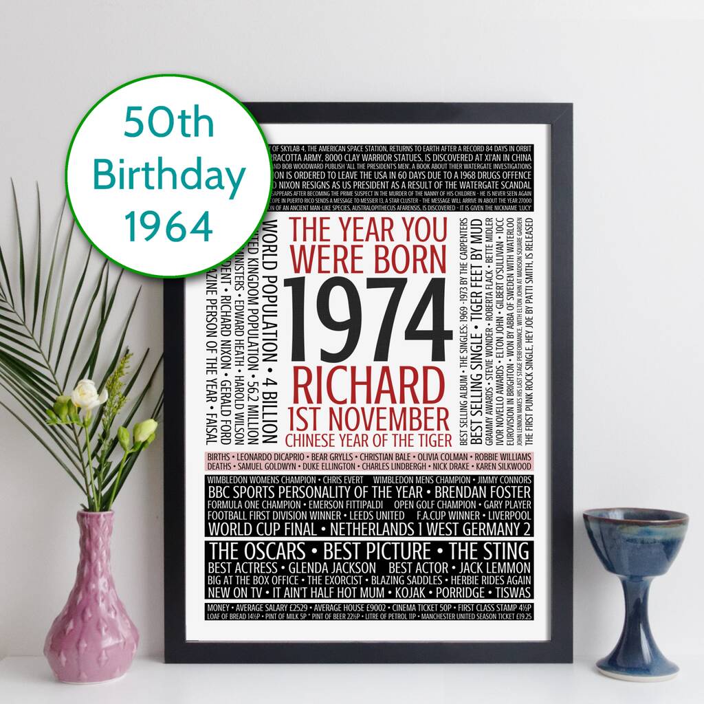 Personalised 50th Birthday Print Year Facts 1974 Gift By elevencorners ...