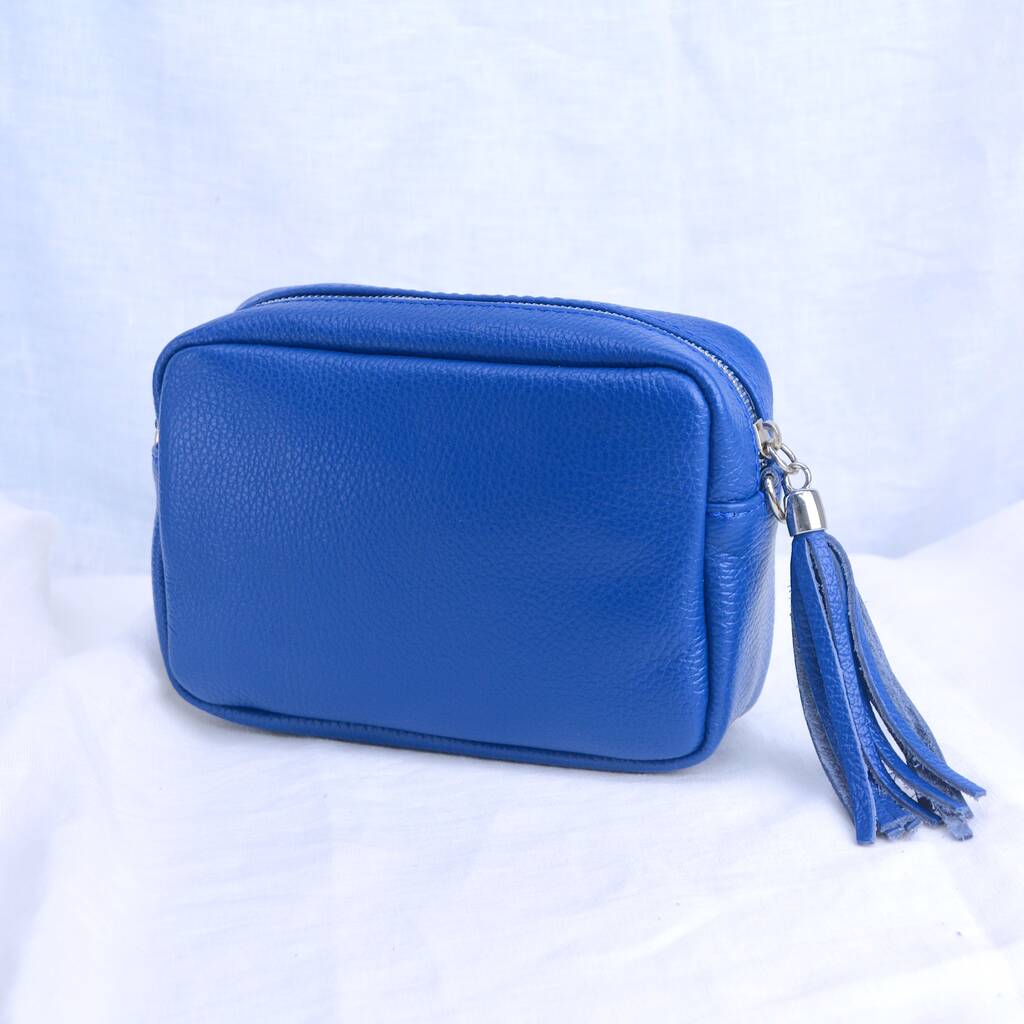 Colbalt Blue Leather Crossbody Bag With Patterned Strap By Penelopetom
