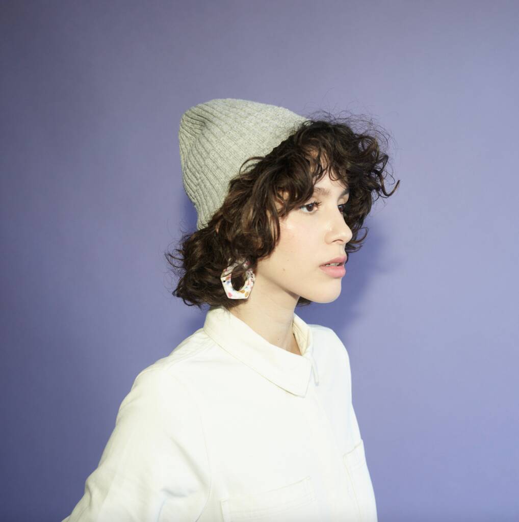 Miss Pompom Grey Wool Ribbed Beanie By Lowie