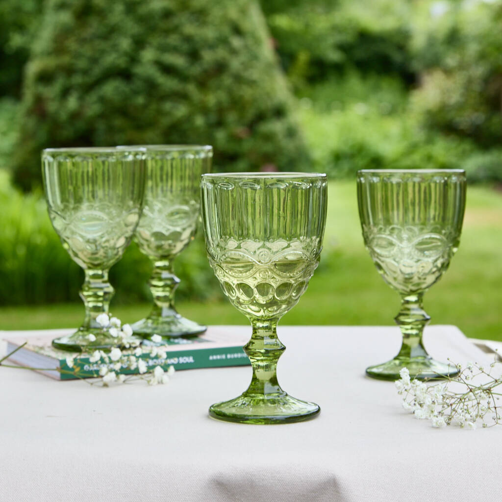 Aurielle Set Of Four Embossed Green Glass Wine Goblets By Dibor