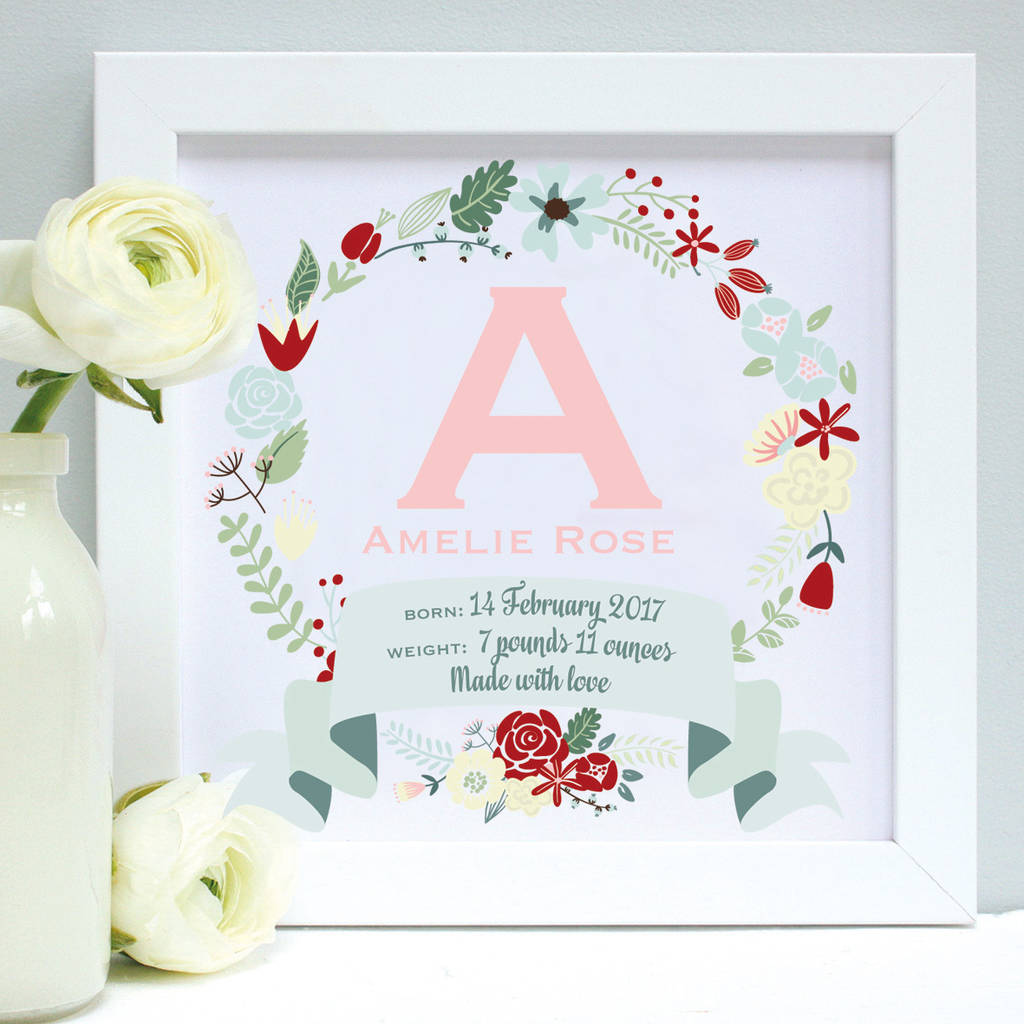 personalised new baby framed initial print by birdyhome ...