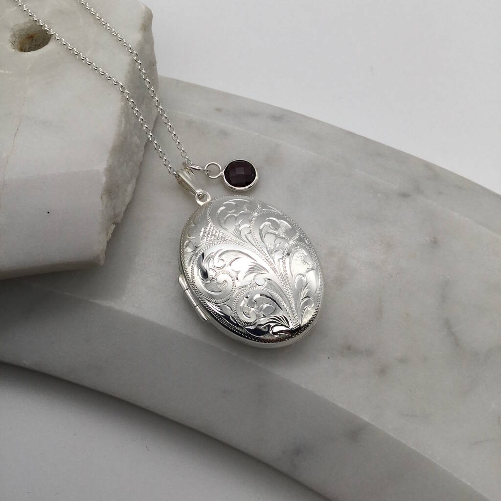 extra large engraved silver locket with birthstone by lime tree design ...