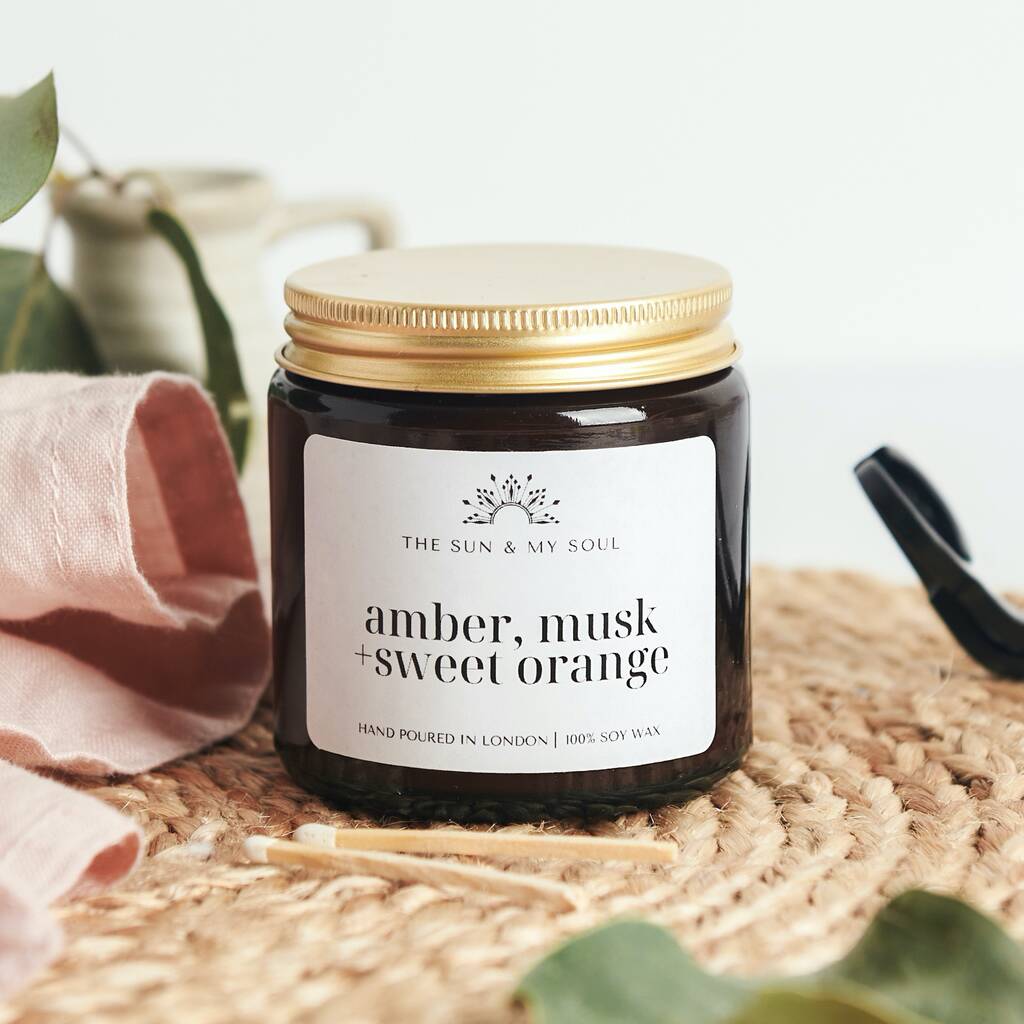 Amber, Musk, Sweet Orange Scented Premium Soy Candle By The Sun & My Soul