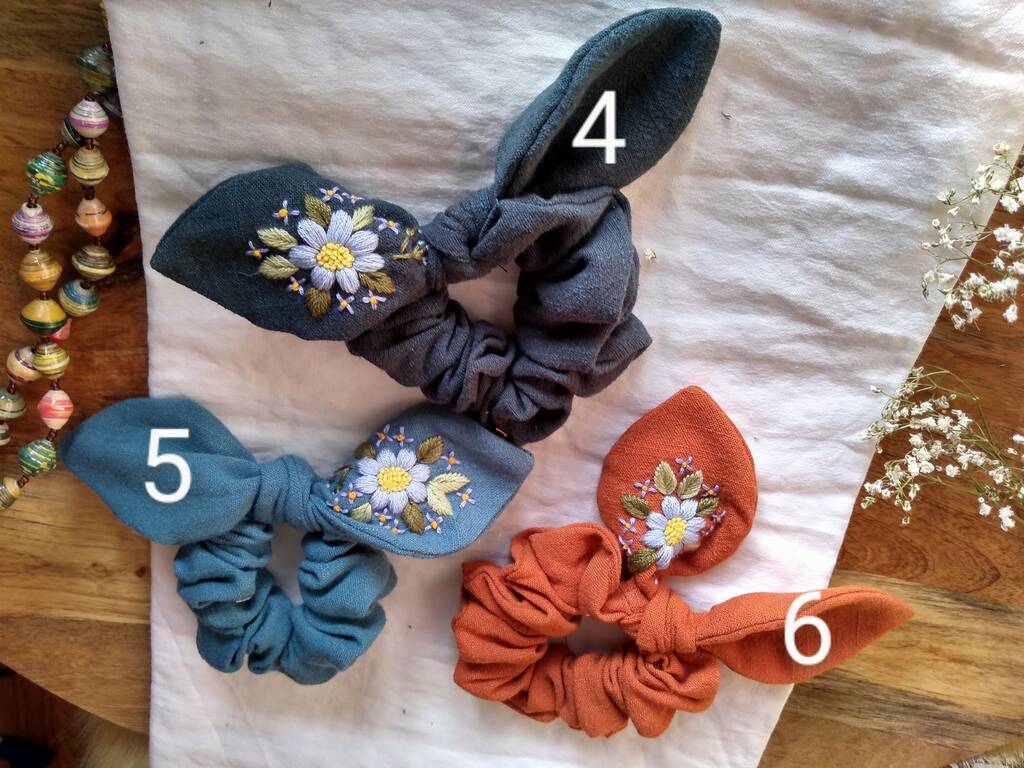 Hand Embroidered Bunny Bow Linen Scrunchies By Maishandmade ...