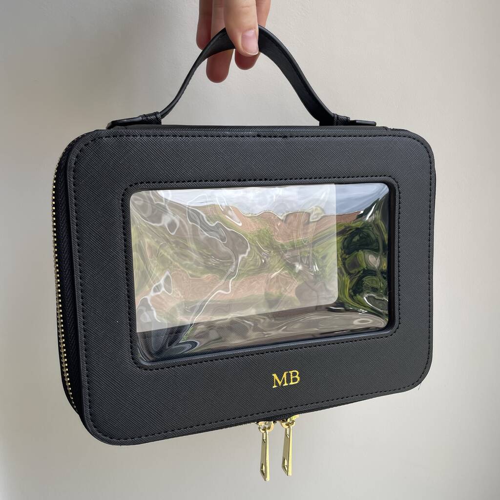 Personalised Embossed Black Fine Grain Saffiano Leather Clear Panel ...