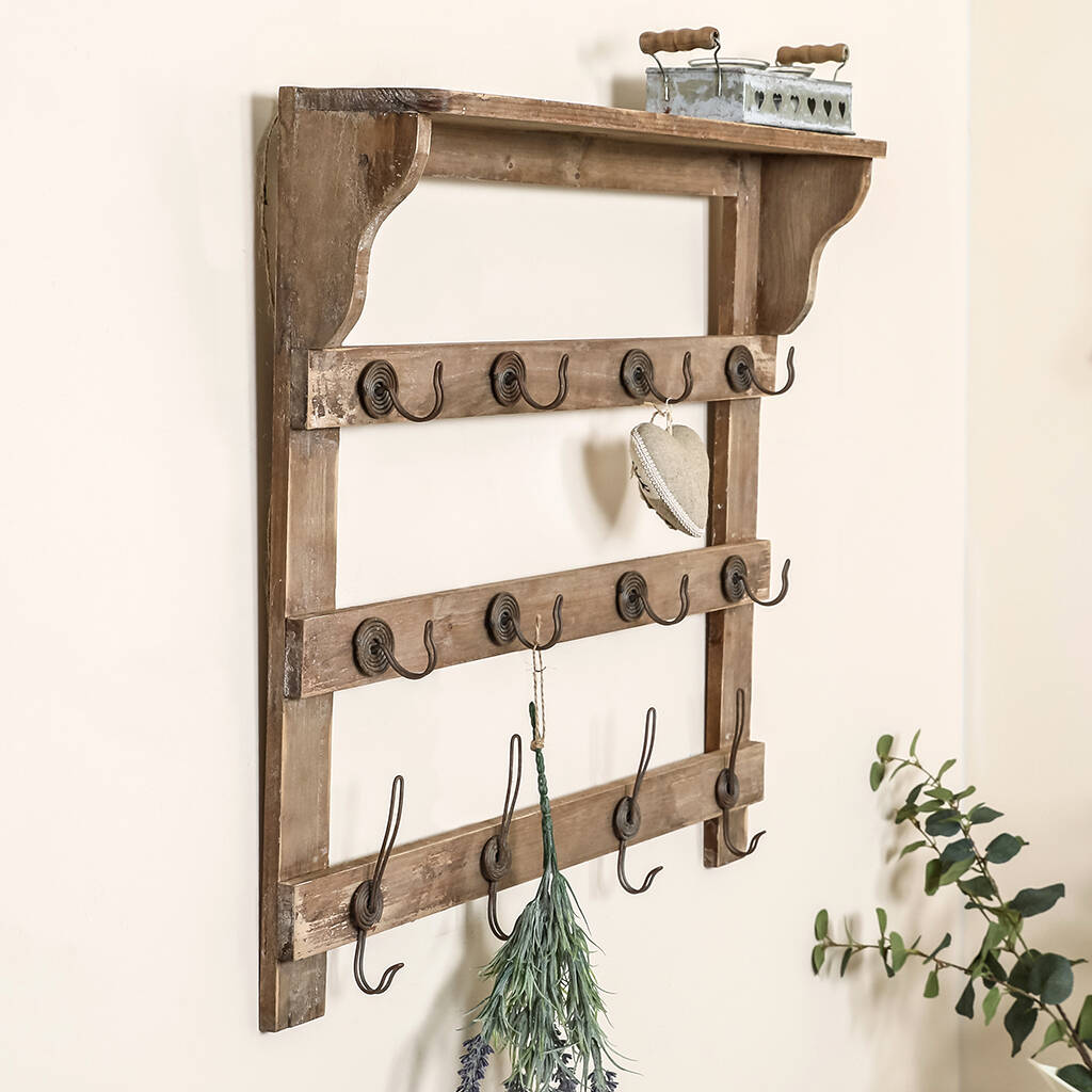 Vintage Farmhouse Wooden Wall Shelf With Hooks By Dibor ...
