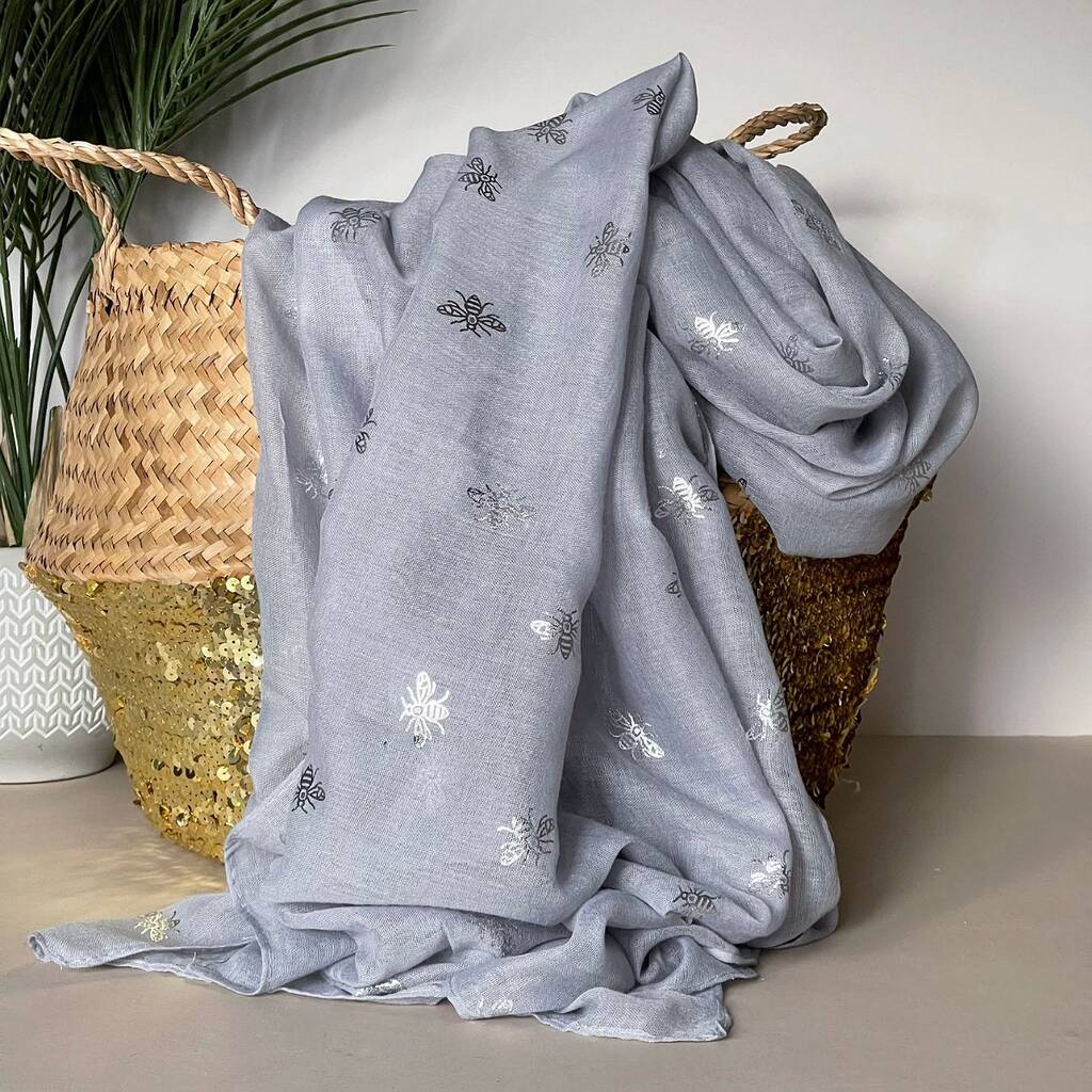 Silver Bee Print Scarf In Stone Grey By Nest Gifts