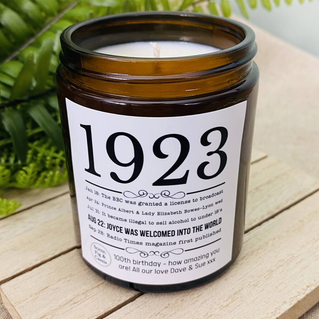 Personalised 100th 1923 Timeline Birthday Amber Candle By The Fire Shack