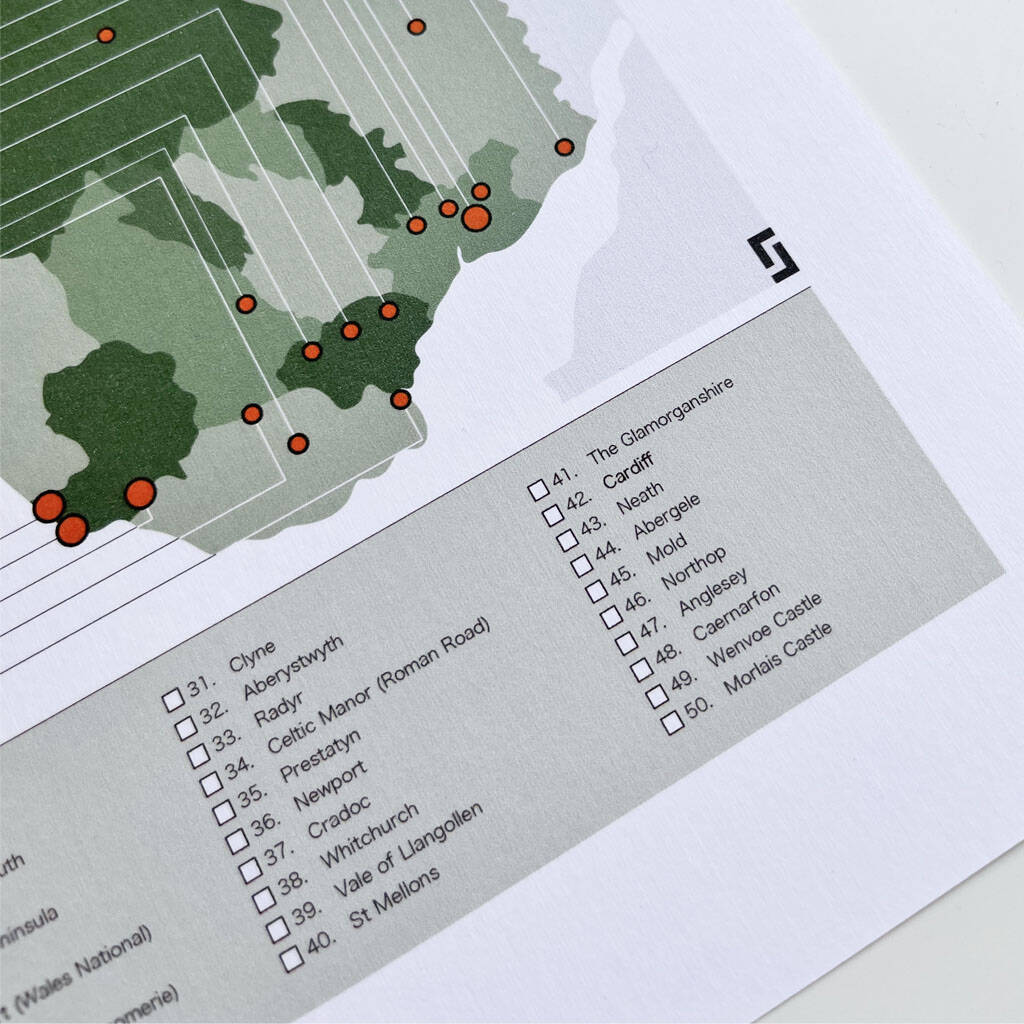 Wales Golf Map And Checklist Top 50 Courses Green By Replay Prints ...